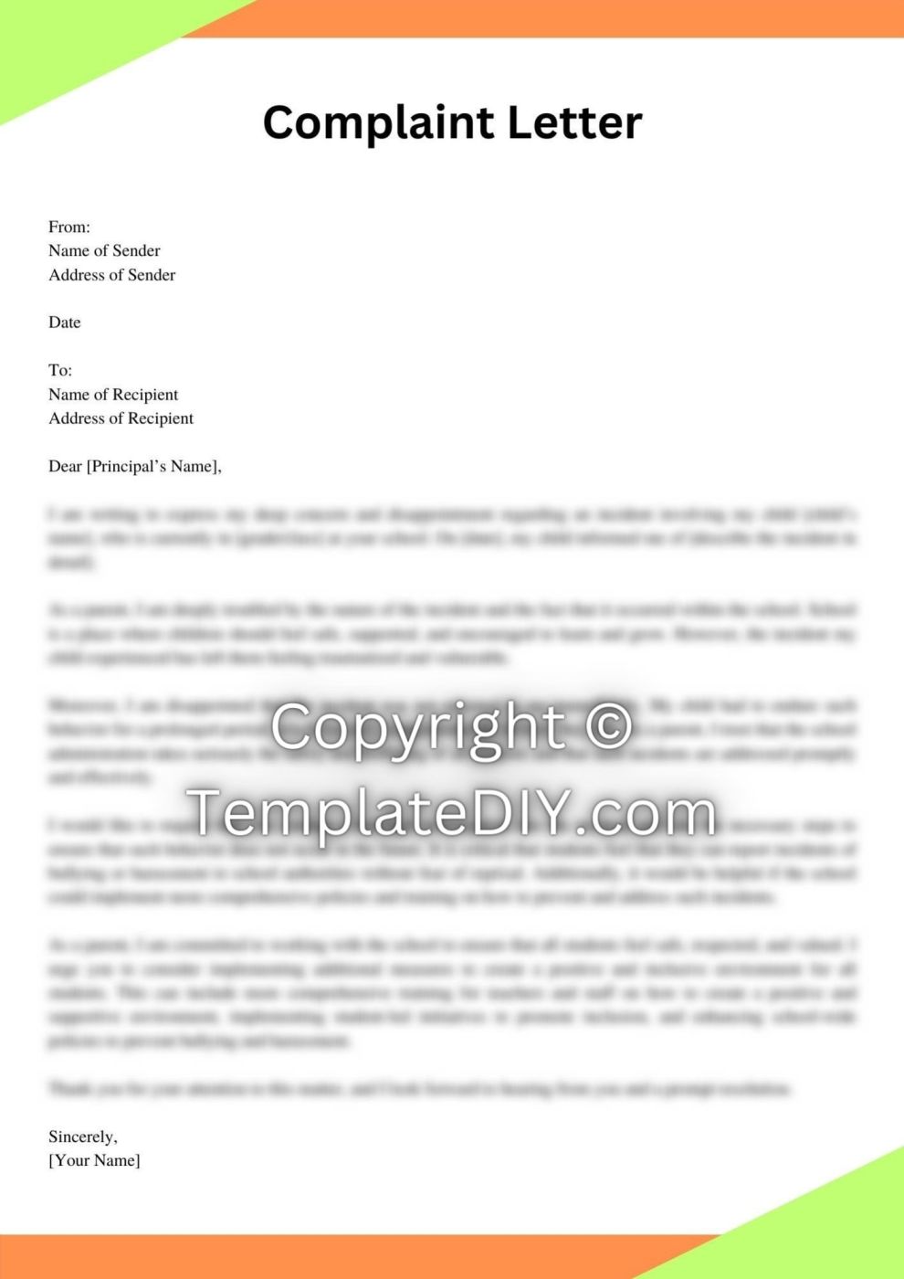 Download Complaint Letter to School Principal from Parent