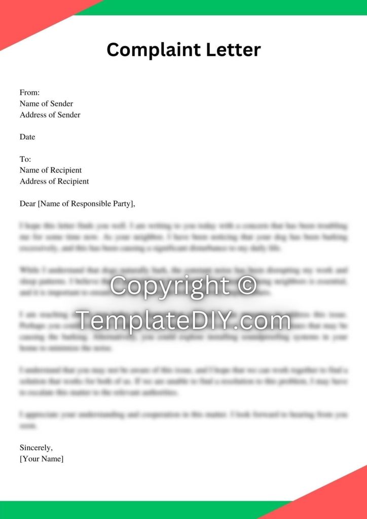 Dog Noise Complaint Letter Template | Editable Word Format