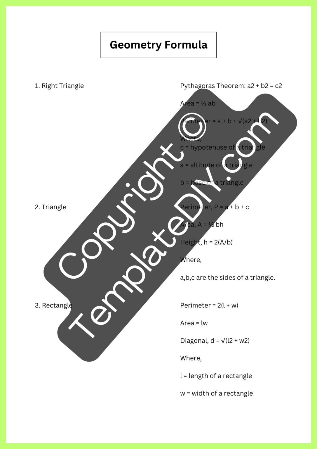 Geometry Math Formula Chart Printable Template PDF, Word