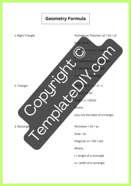 Geometry Math Formula Chart Printable Template PDF, Word