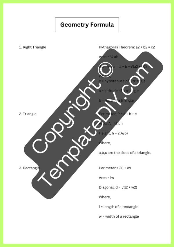 Geometry Math Formula Chart Printable Template PDF, Word