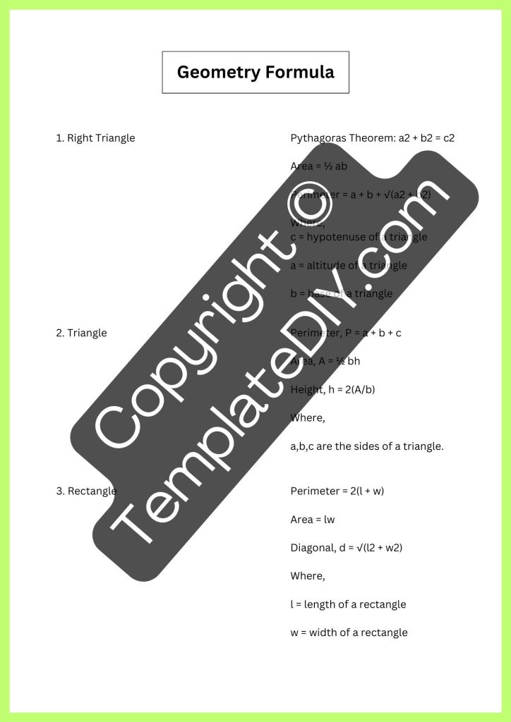 Geometry Math Formula Chart Printable Template PDF, Word