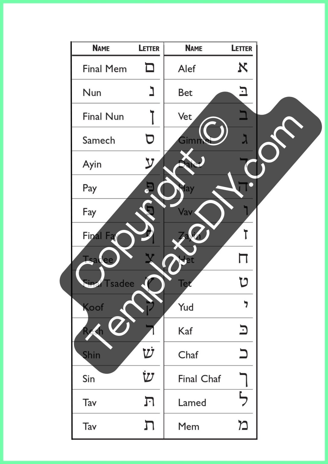 Hebrew Alphabet Letters Printable Template in Pdf Word