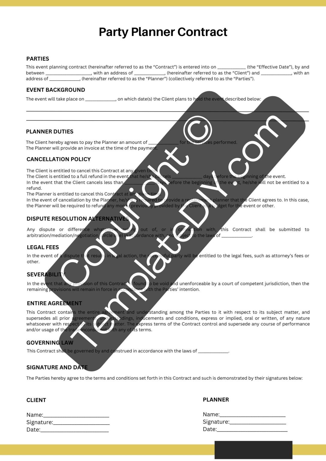 Party Planner Contract Template Printable PDF, Word, Excel