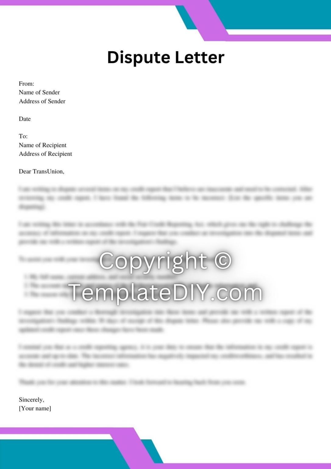 Transunion Dispute Letter Sample with Examples [Word]