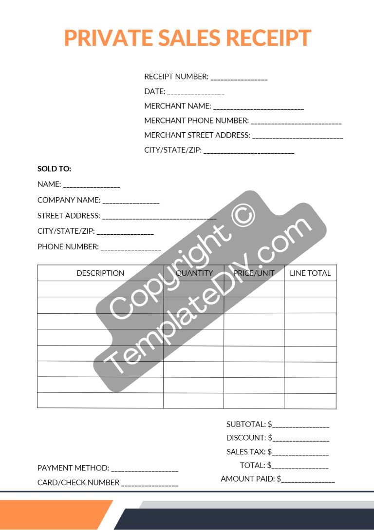 Private Sales Receipt Template Blank Printable in Pdf, Word