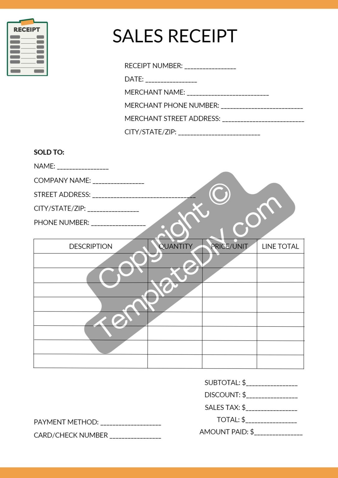Sales Receipt Template Blank Printable PDF, Excel, Word