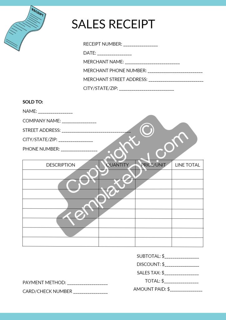 Sales Receipt Template Blank Printable PDF, Excel, Word