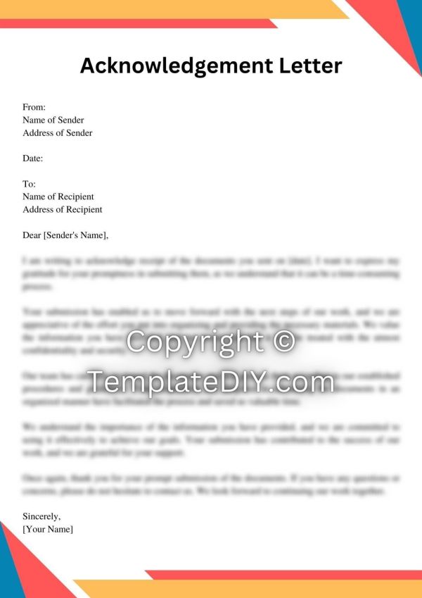Acknowledgement Letter for Receiving Documents Sample
