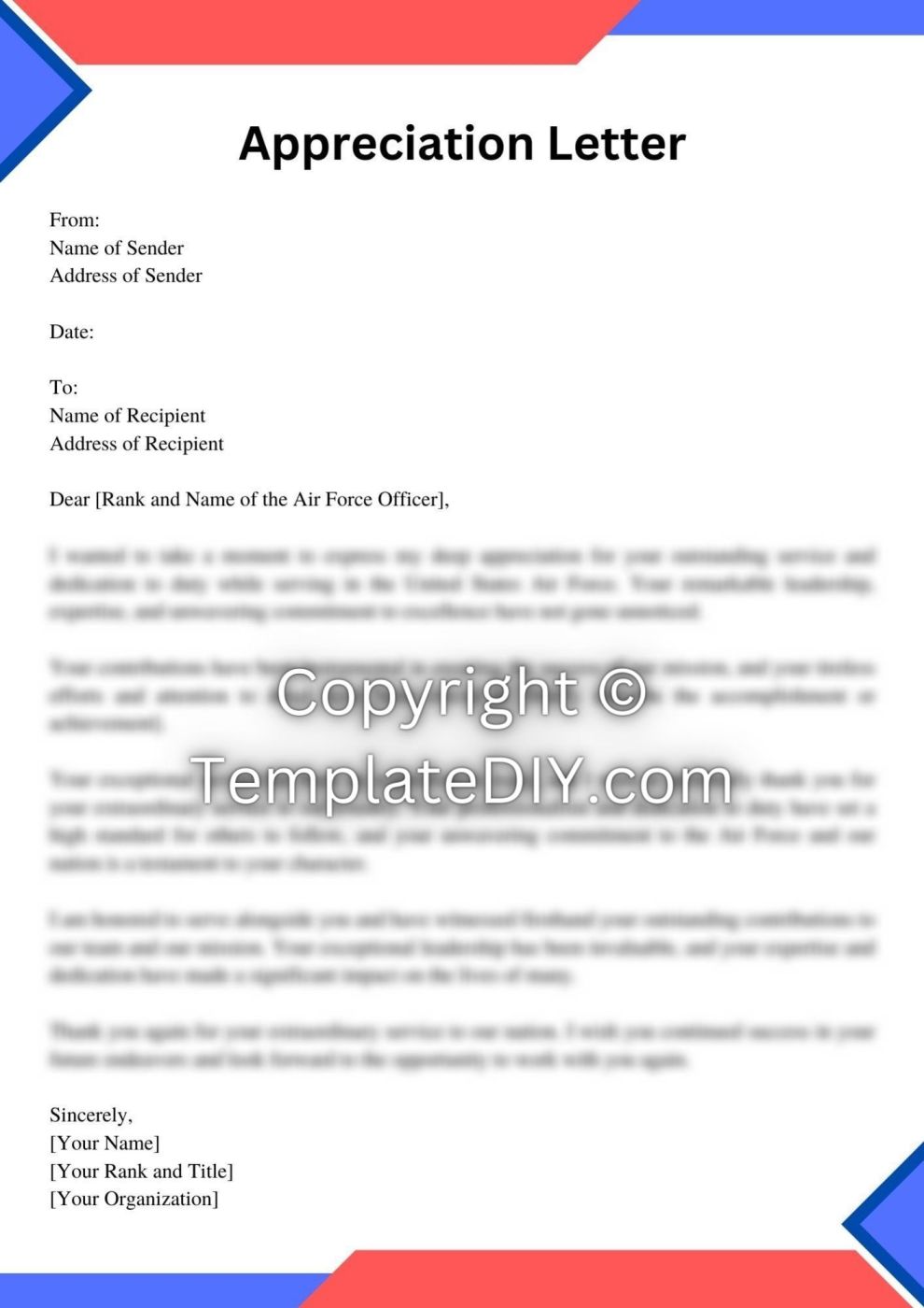 Editable Air Force Letter of Appreciation | Word Format