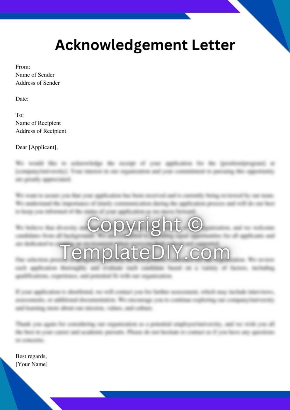 Application Acknowledgement Letter Sample Template [Word]