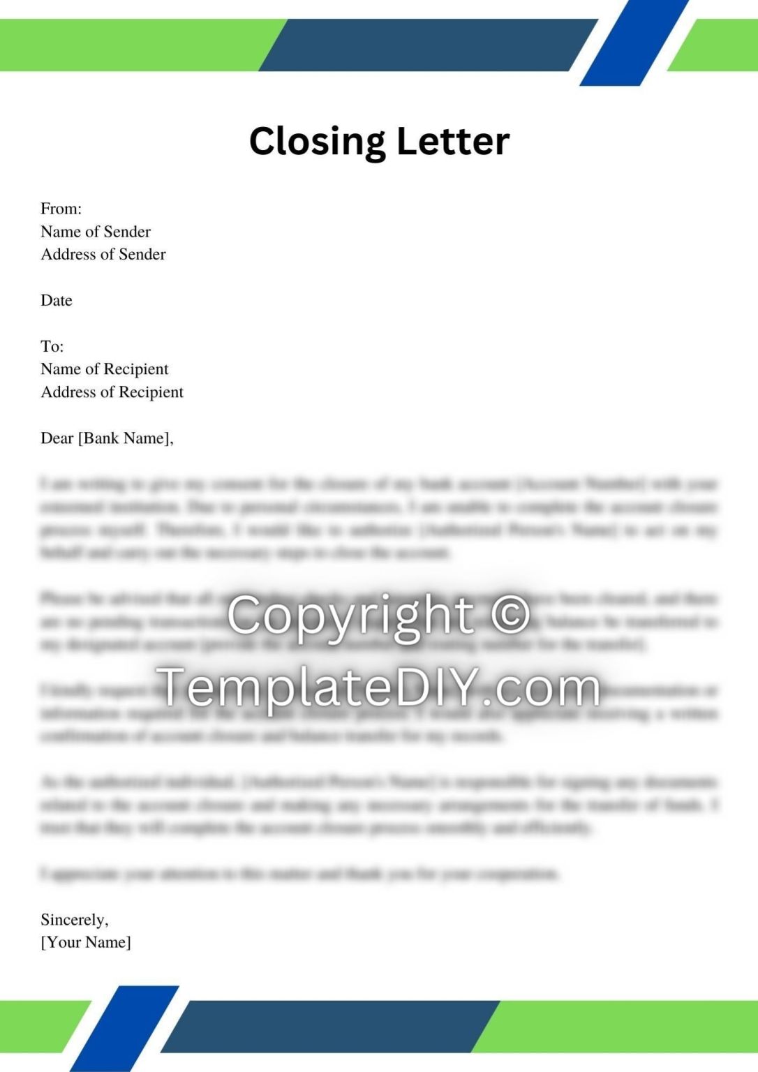 Authorization Letter for Closing Bank Account Sample [Word]