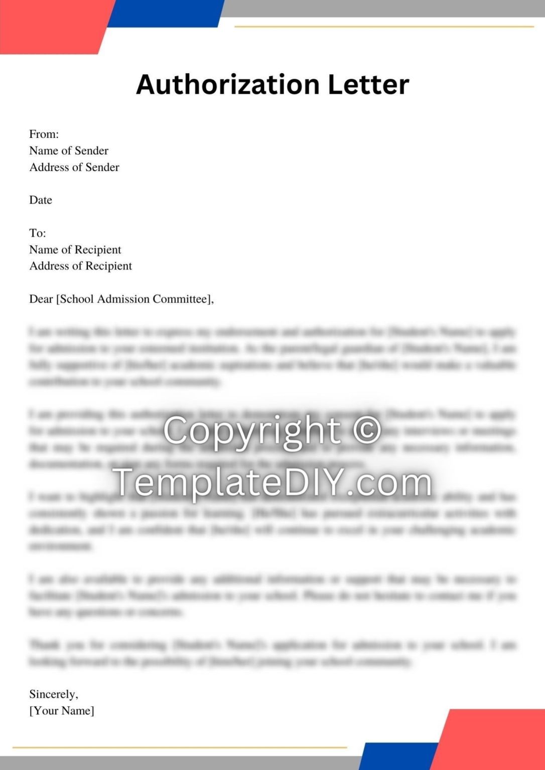 Authorization Letter for School Admission Template | Download Now