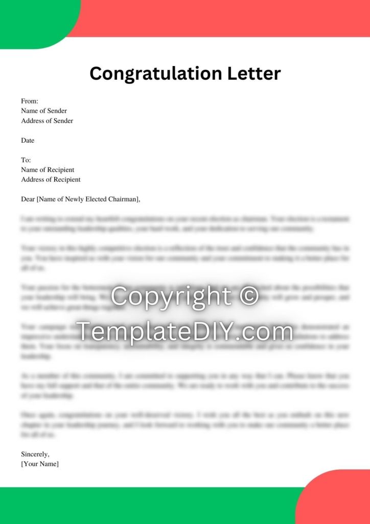 Congratulation Letter to Newly Elected Chairman Sample