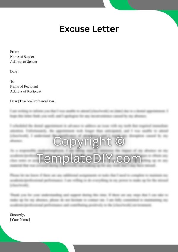 Dental Excuse Letter – Instant Download [Editable]