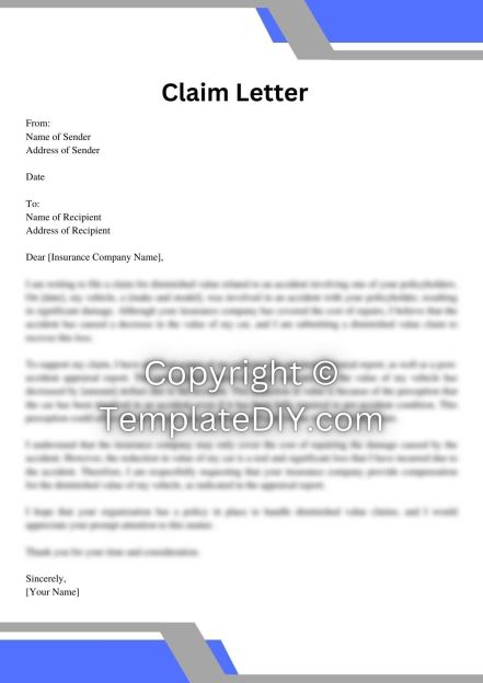 Vehicle Diminished Value Claim Letter Sample & Template