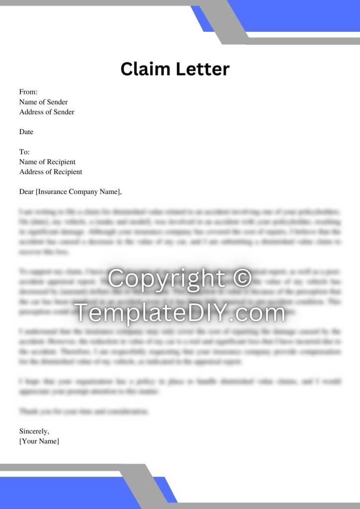 Vehicle Diminished Value Claim Letter Sample & Template