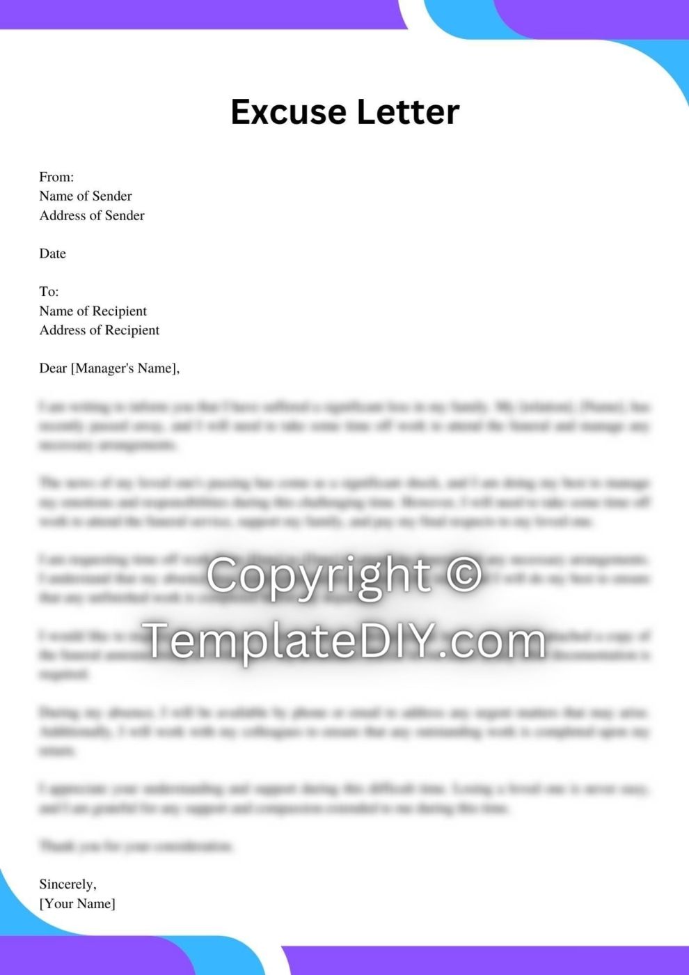 Funeral Absence Excuse Letter Template for Work