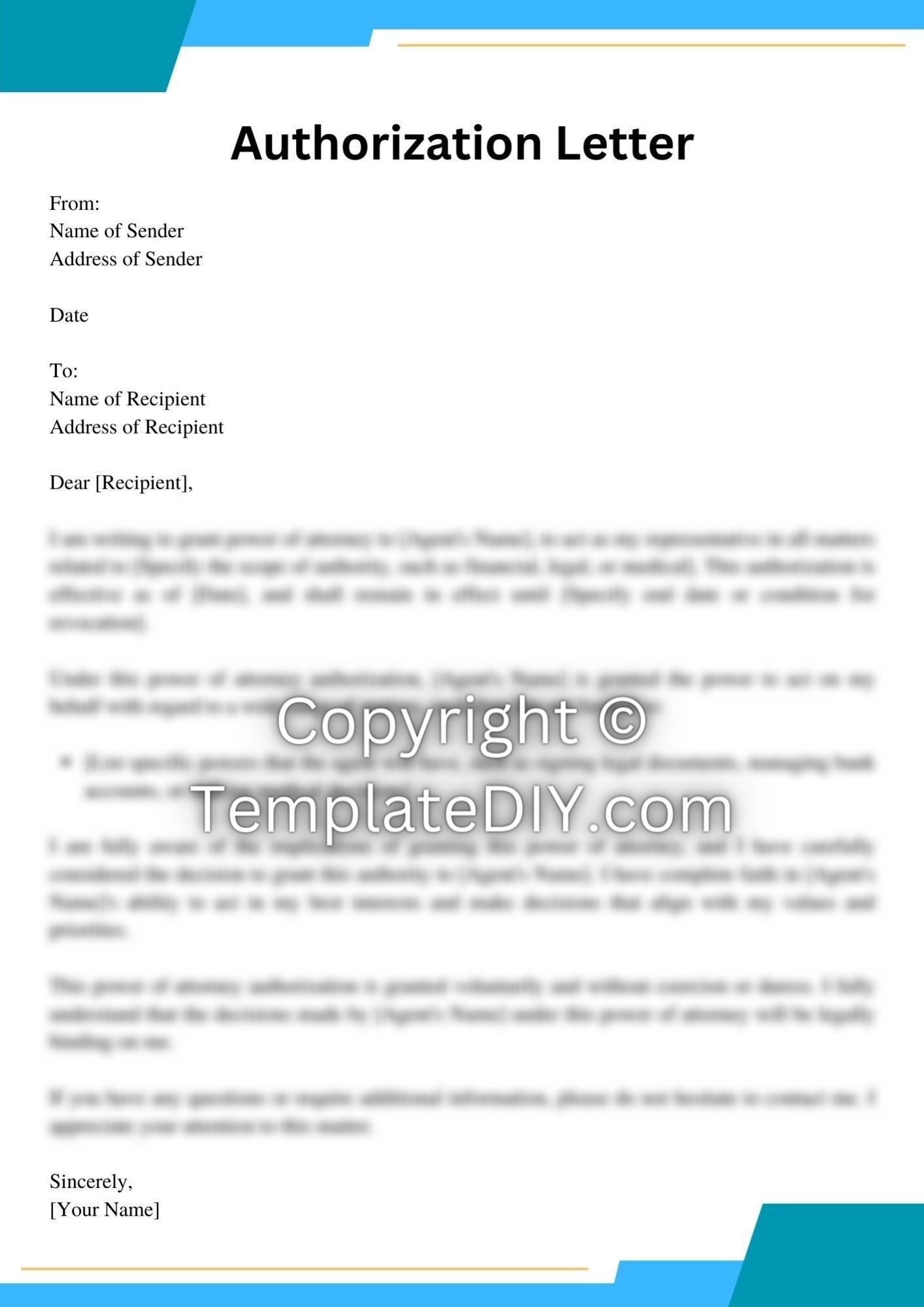 Power Of Attorney Authorization Letter Template Business Format