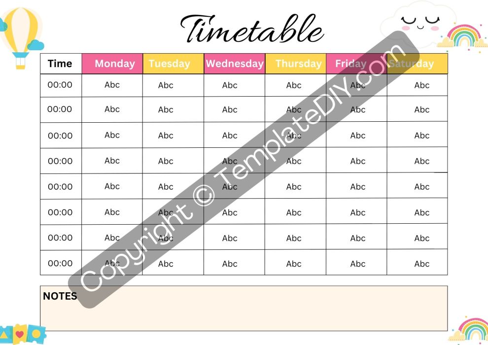 Time Table Chart for Preschool Printable Template PDF