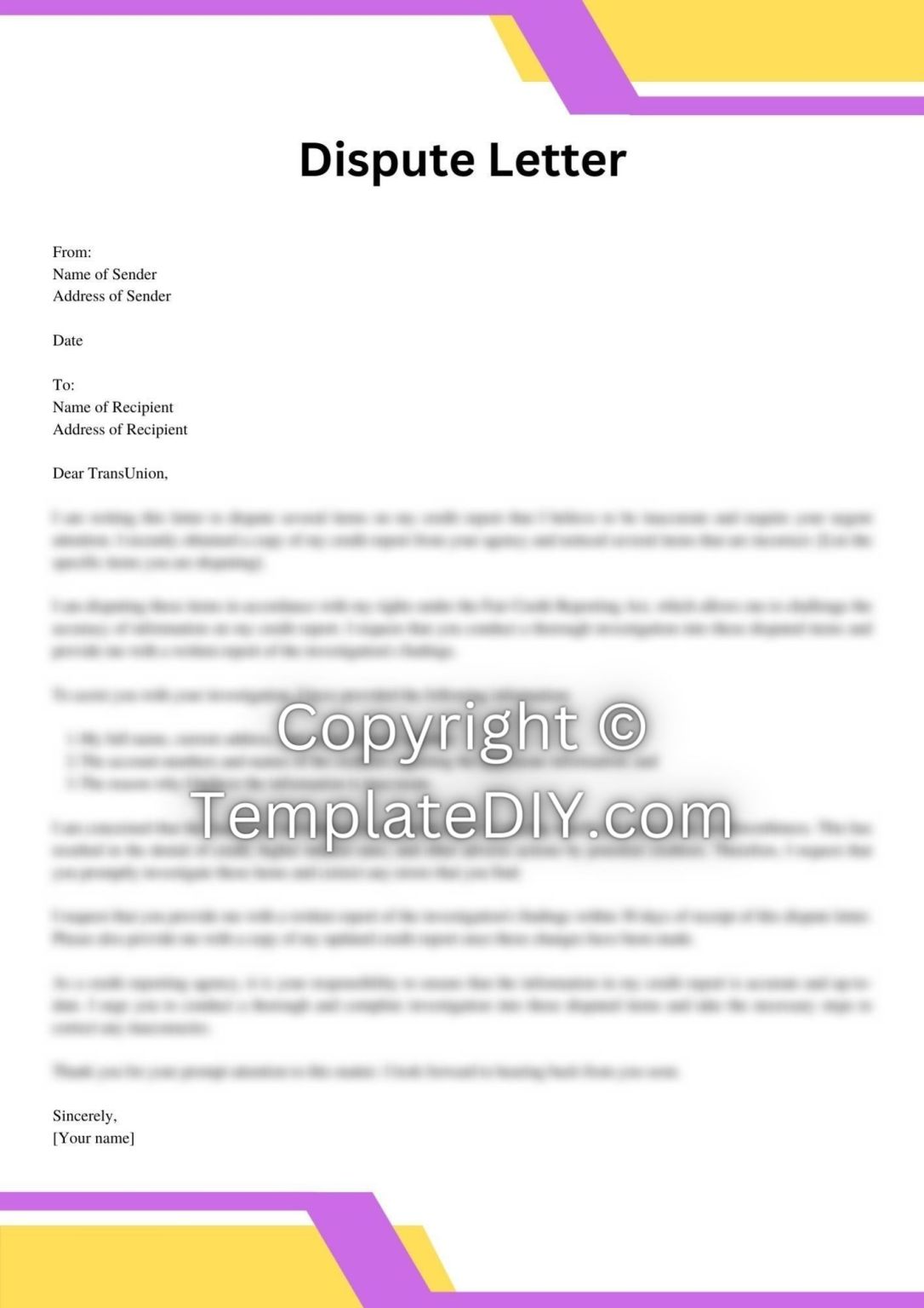 Transunion Dispute Letter Sample with Examples [Word]