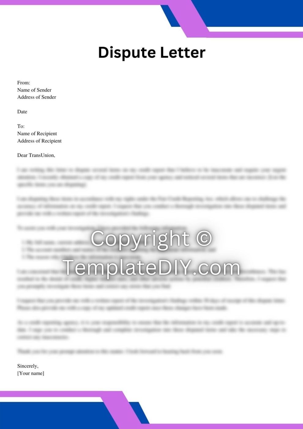 Transunion Dispute Letter Sample with Examples [Word]