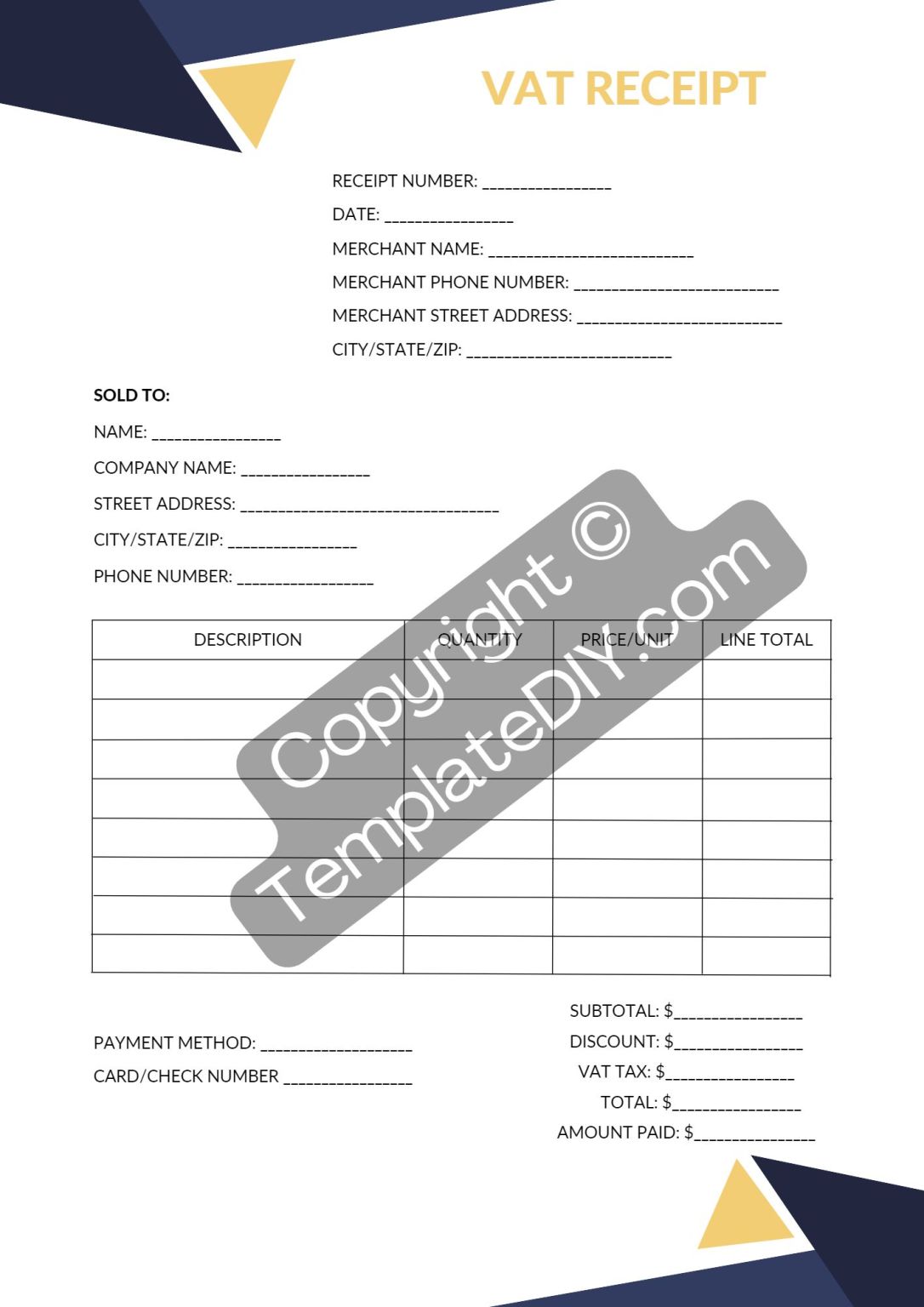 VAT Receipt Template Blank Printable in Pdf, Excel, Word