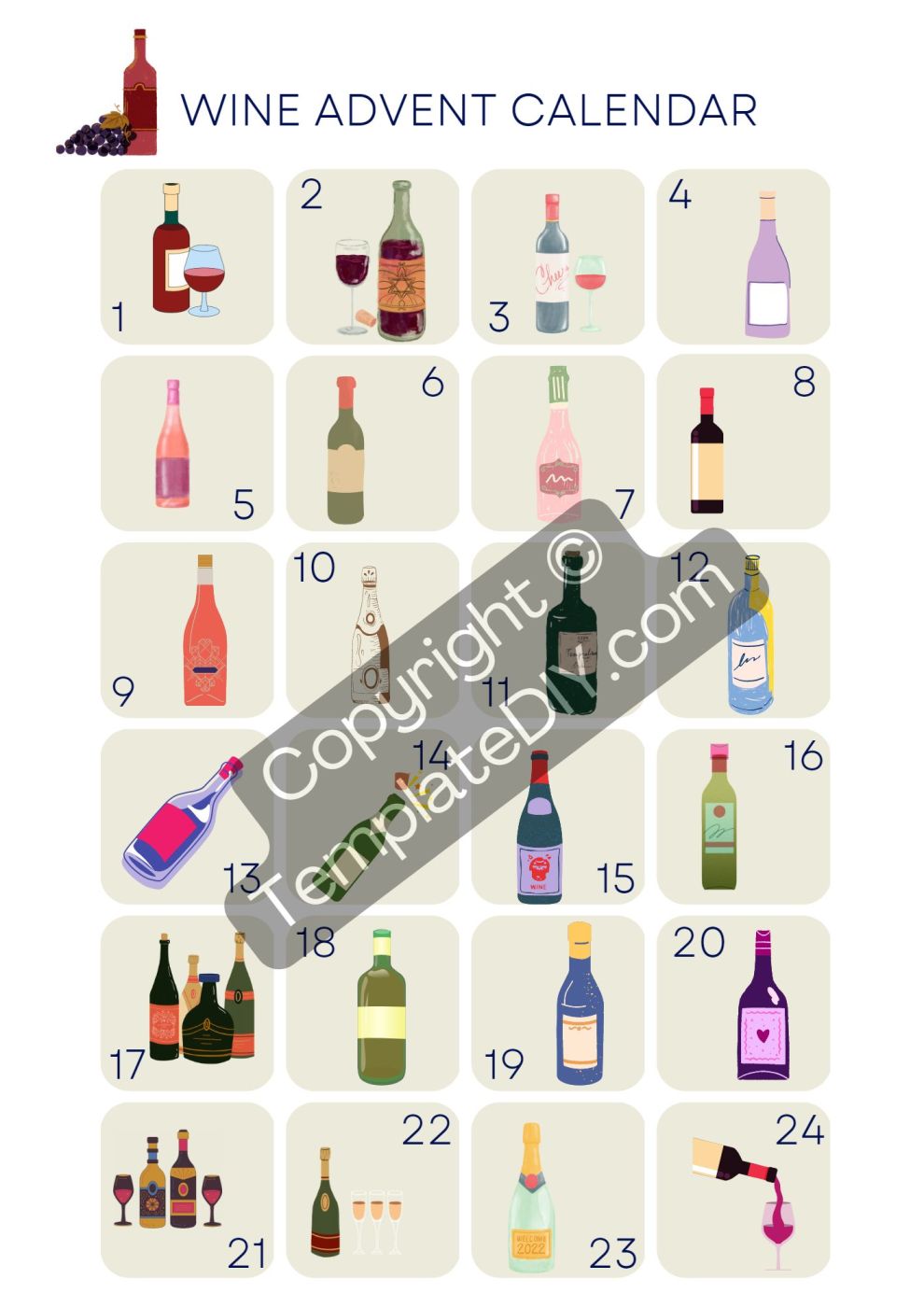 Wine Advent Calendar Printable Template in PDF, Word