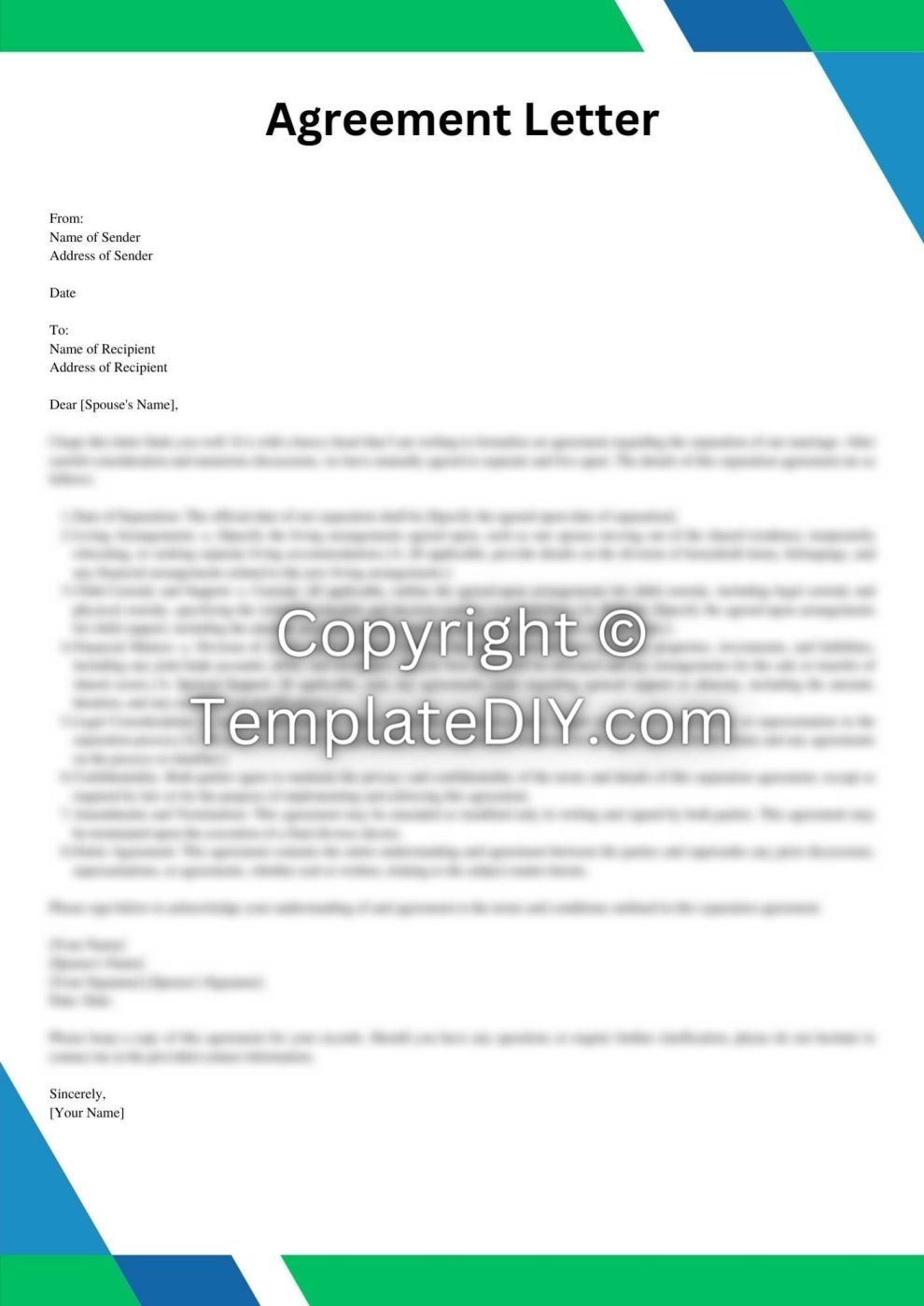 Agreement Letter for Marriage Separation Sample [Word]