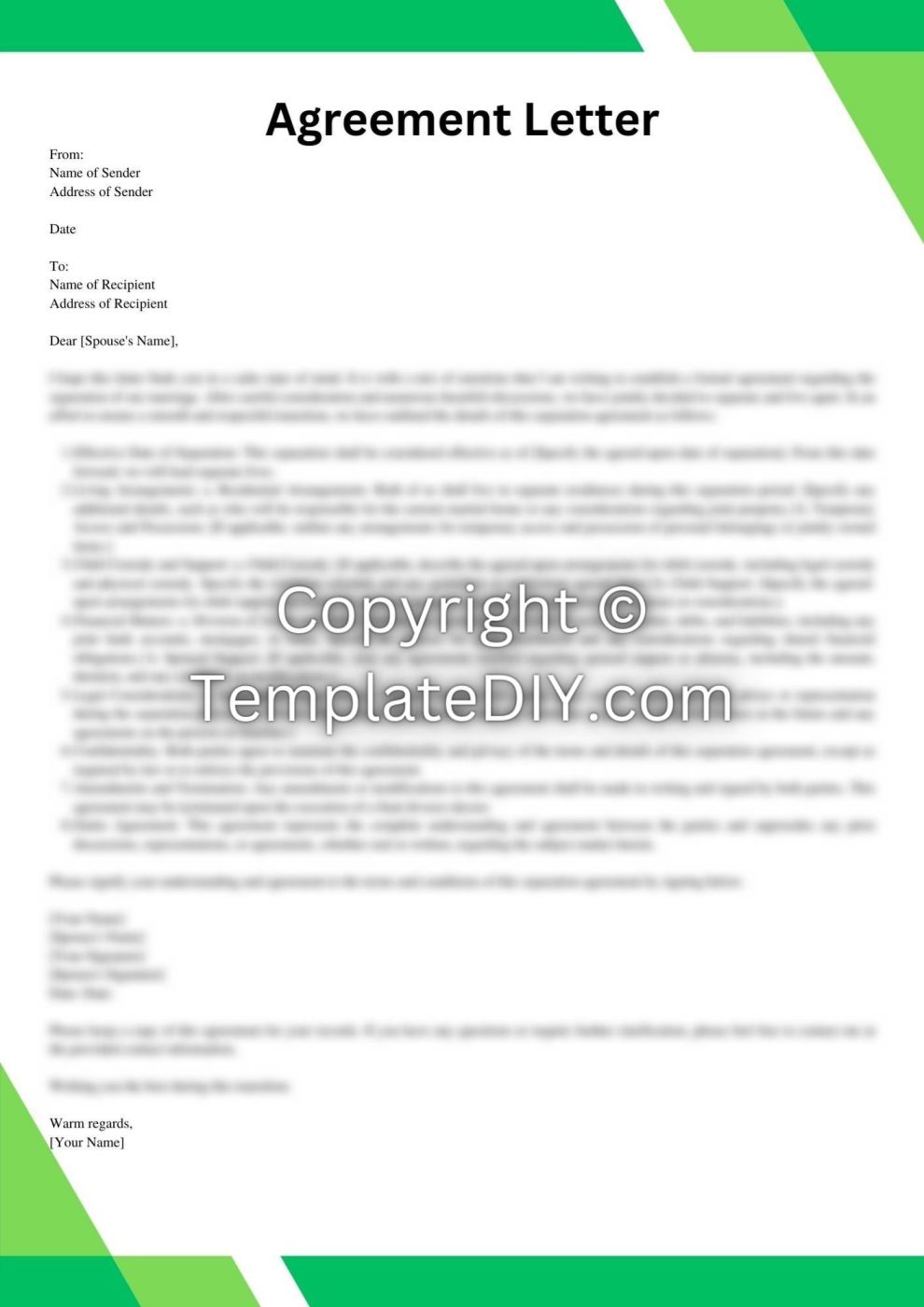 Agreement Letter for Marriage Separation Sample [Word]
