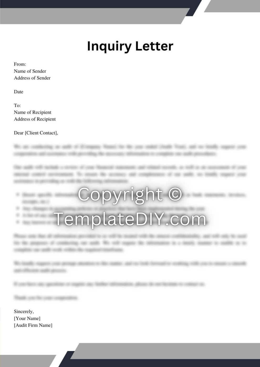 Audit Inquiry Letter Sample with Examples [Word Editable]