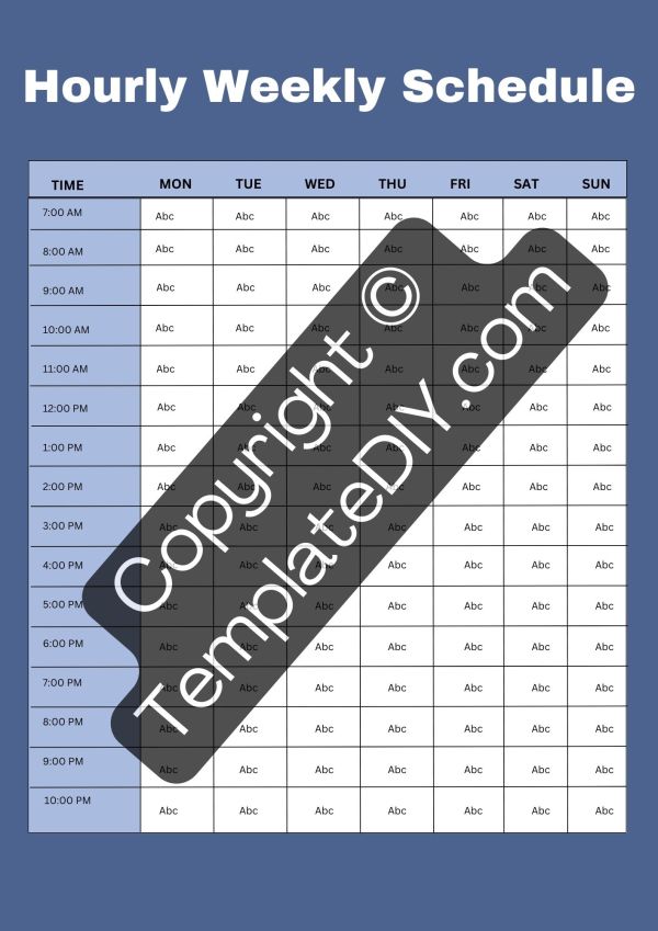 Hourly Weekly Schedule Template Printable PDF, Word