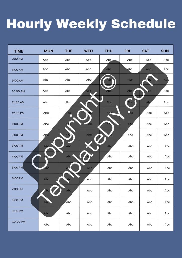 Hourly Weekly Schedule Template Printable PDF, Word