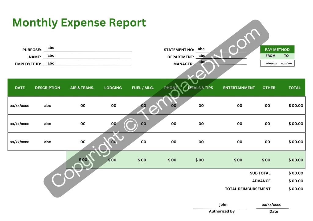 Monthly Expense Excel Template Printable PDF, Word