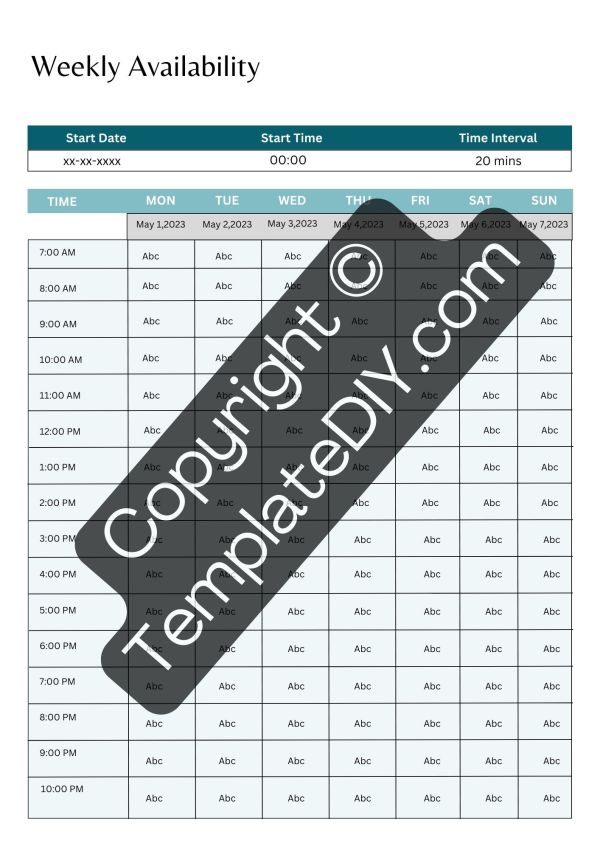 Weekly Availability Template Printable PDF, Word [Editable]