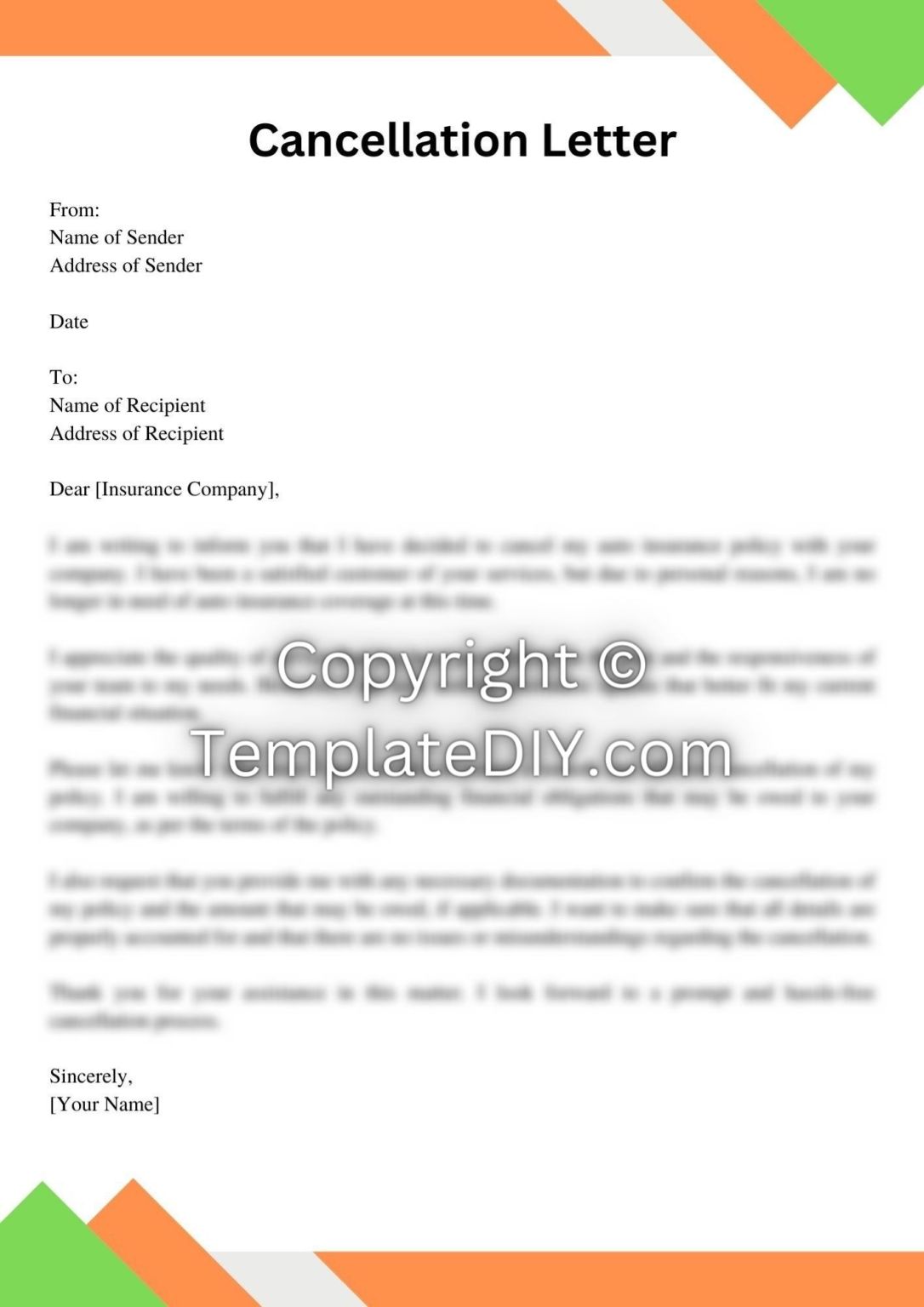 Cancellation Letter for Auto Insurance Sample and Examples