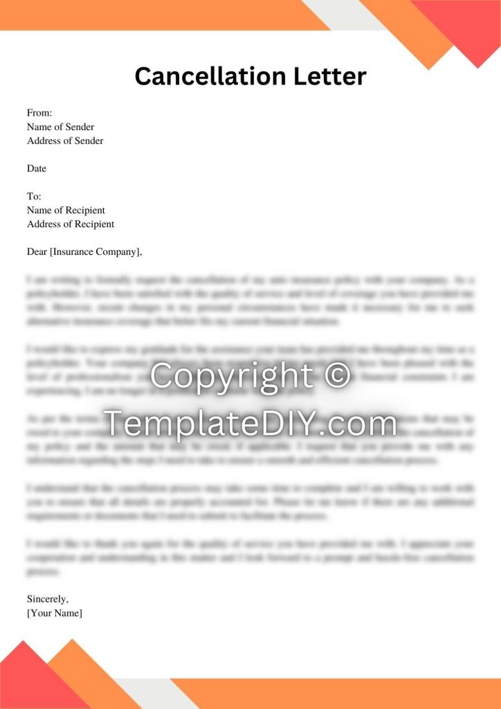 Cancellation Letter for Auto Insurance Sample and Examples
