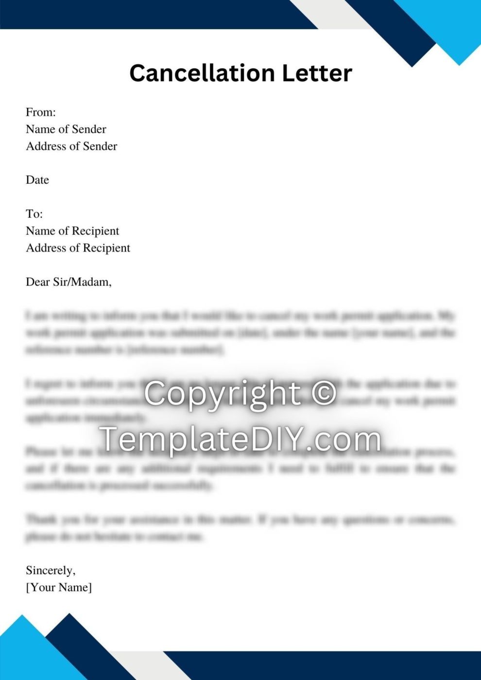 Cancellation Letter for Work Permit Sample & Template