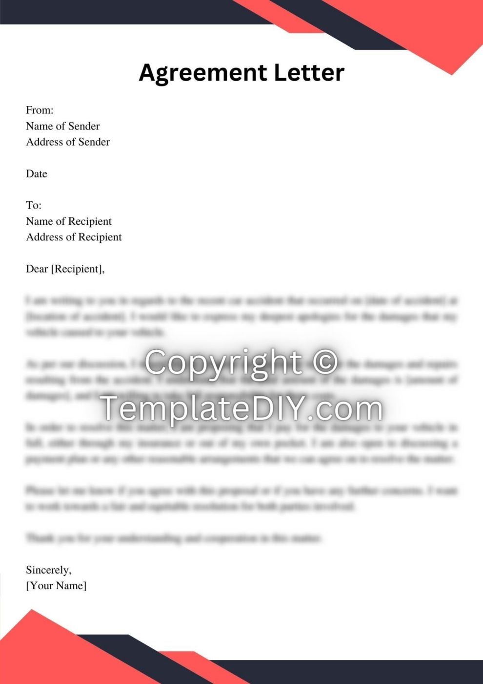 Car Accident Agreement Letter Sample [Editable]