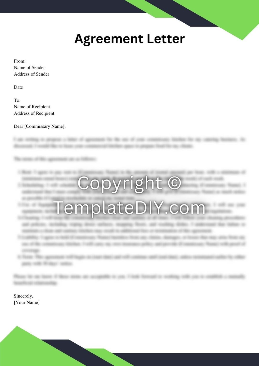 Commissary Letter of Agreement Sample Template [Word]
