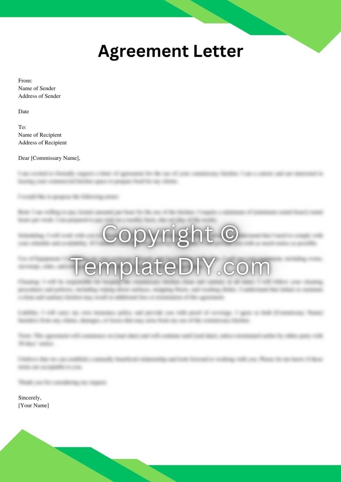 Commissary Letter of Agreement Sample Template [Word]