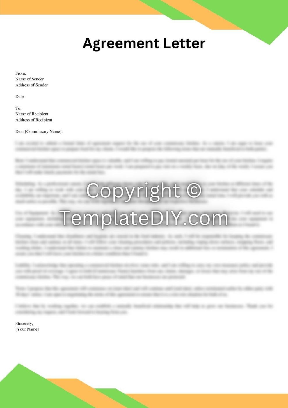 Commissary Letter of Agreement Sample Template [Word]