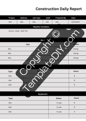 Construction Daily Report Template Printable PDF, Word