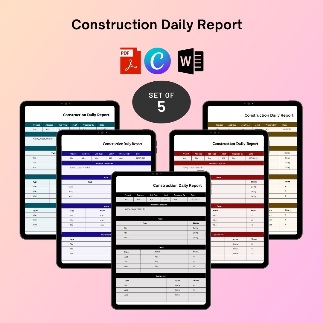 Construction Daily Report Template Printable PDF, Word