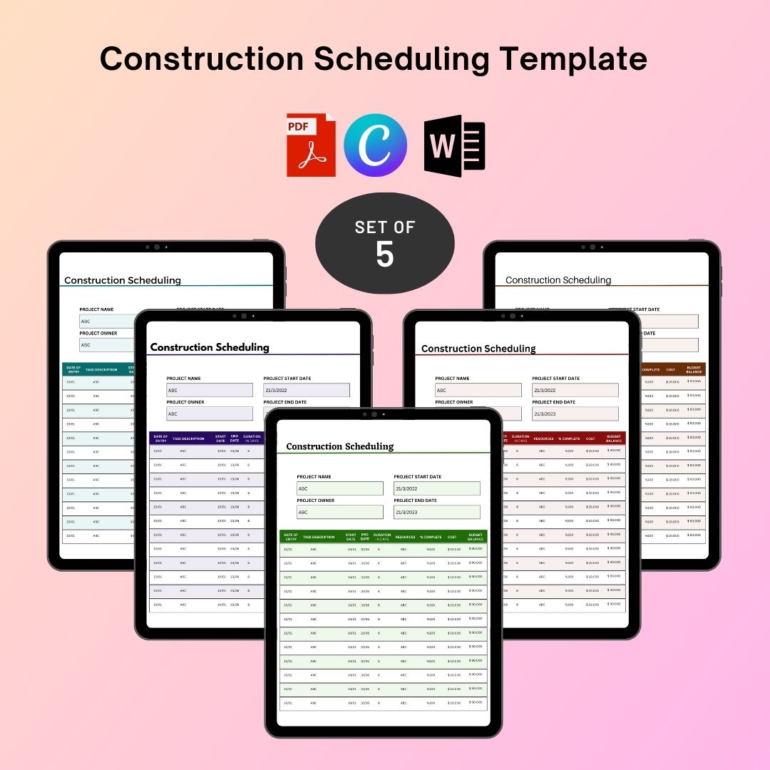 Construction Scheduling Template Printable PDF, Word