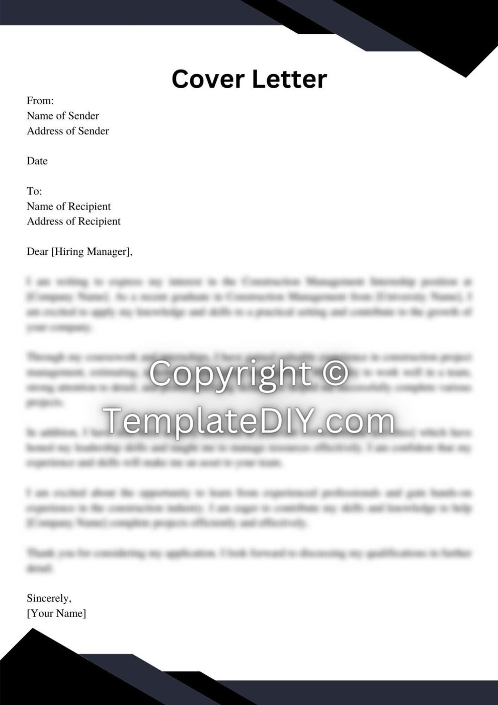 Cover Letter for Construction Management Internship Sample