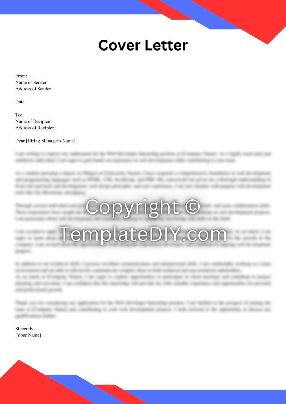Cover Letter for Web Developer Internship Sample [Word]