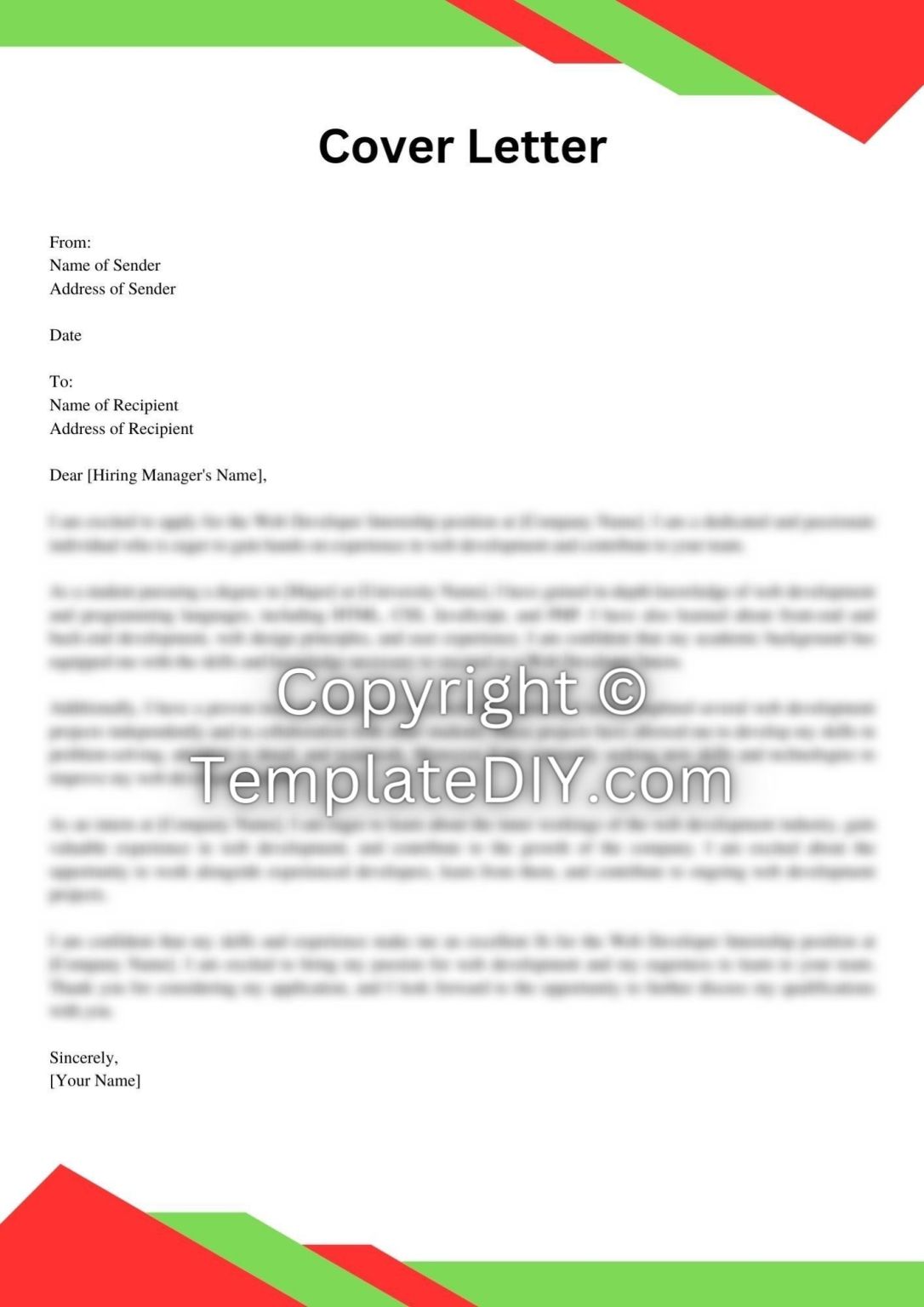 Cover Letter for Web Developer Internship Sample [Word]