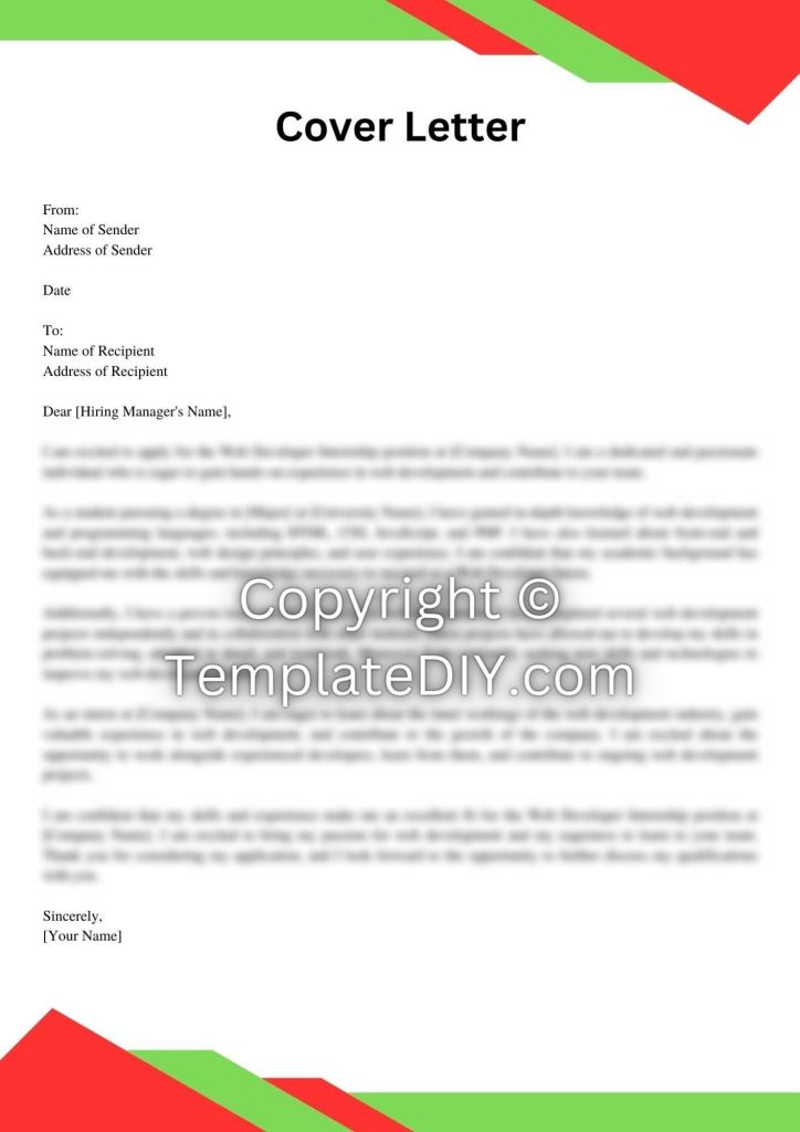 Cover Letter for Web Developer Internship Sample [Word]