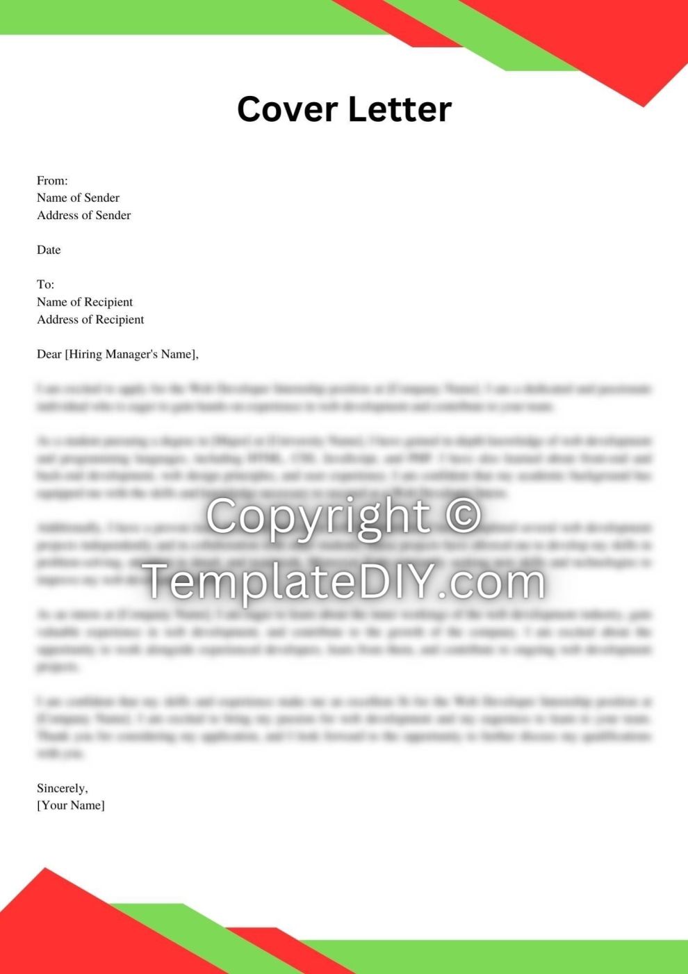 Cover Letter for Web Developer Internship Sample [Word]